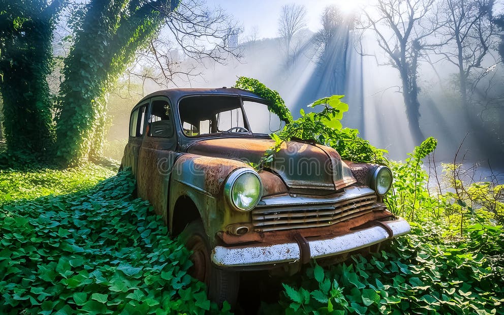 Rusty Car Stands Abandoned in the Forest Stock Illustration ...