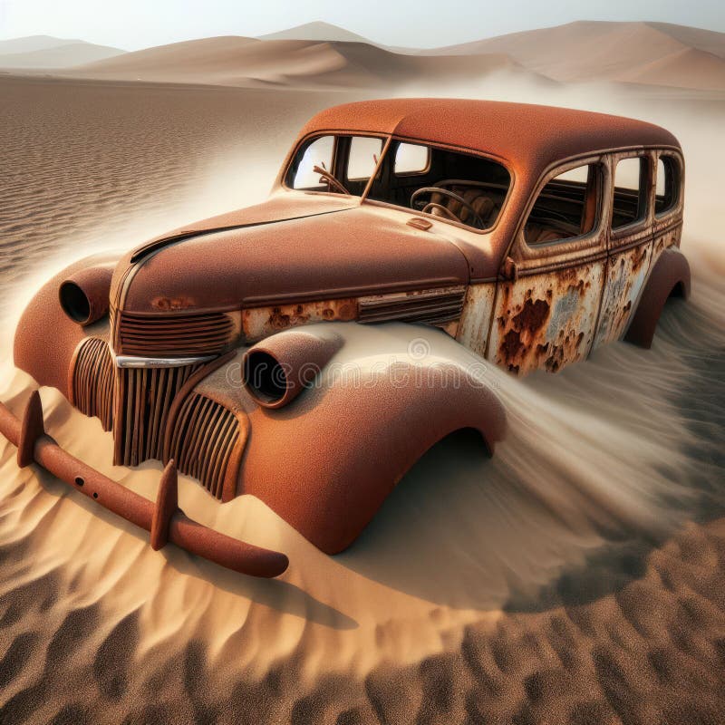 An Old, Rusty Car Stuck in the Sand in the Desert. Stock Illustration ...