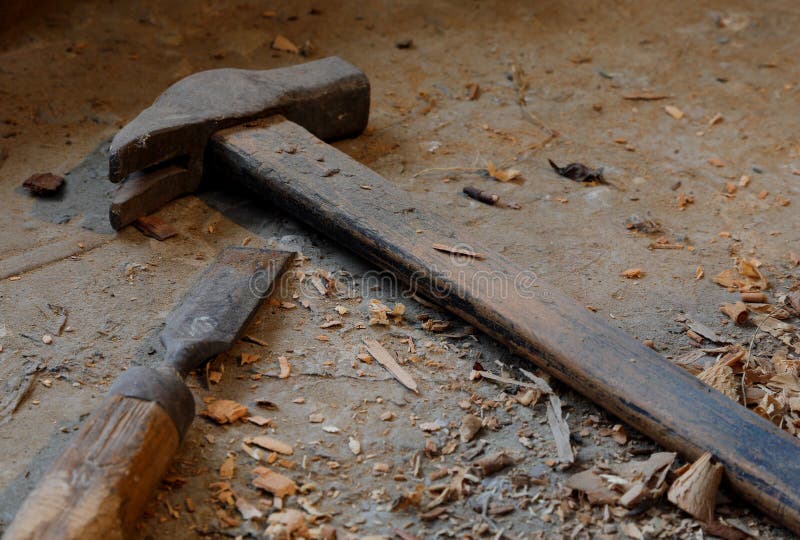 Old Rusty Carpenter S Tools Hammer and Chisel on the Workbench Stock ...