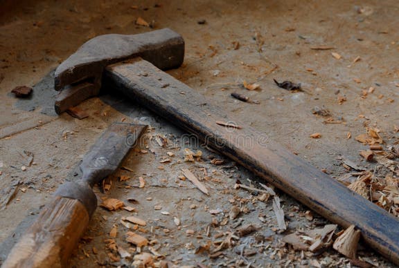 Old Rusty Carpenter S Tools Hammer and Chisel on the Workbench Stock ...