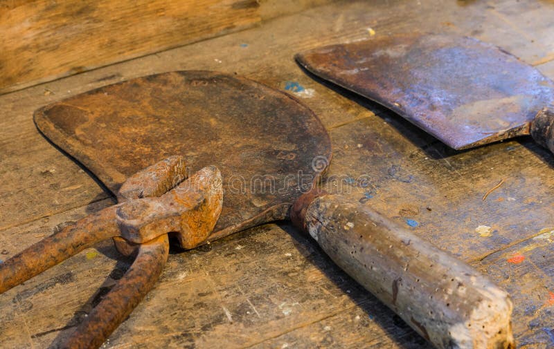 Old Rusty Carpenter Tools with Cleaver and Iron Pincer Stock Photo ...