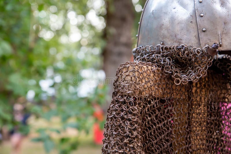Old Rusty Chain Mail and Helmet Viking Protection with Copy Space Stock ...