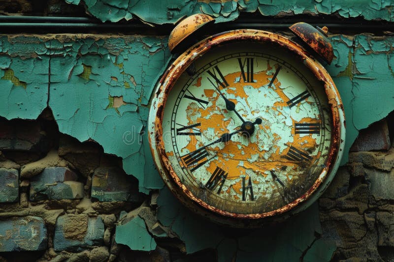 Old Clock Hanging on a Damaged Wall Showing the Passing of Time Stock ...