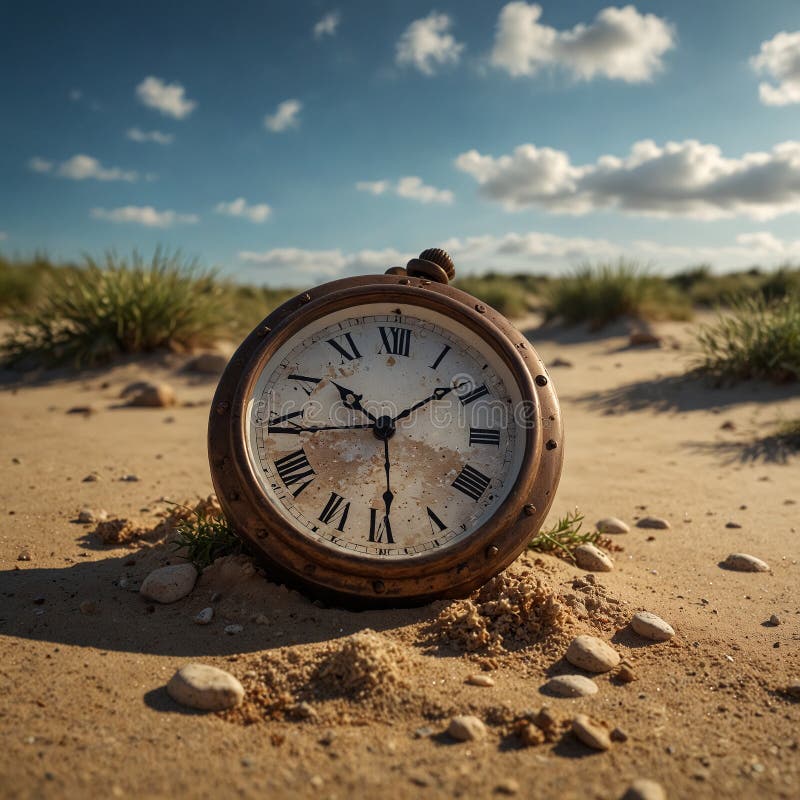 An Old and Rusty Clock on the Sand. Stock Illustration - Illustration ...