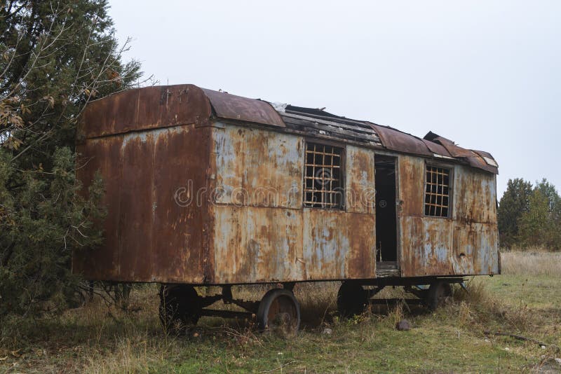 Old Rusty Construction Camper, Trailer or Wagon. Stock Image - Image of ...