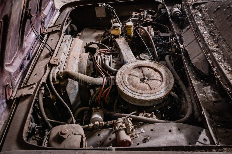 Old Rusty and Dusty Car Engine is Left Idle. Stock Image - Image of ...