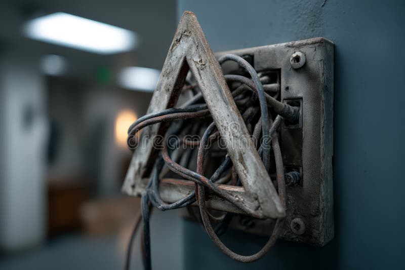 Old and Rusty Electrical Junction Box with Messy Wires in a Dimly Lit ...
