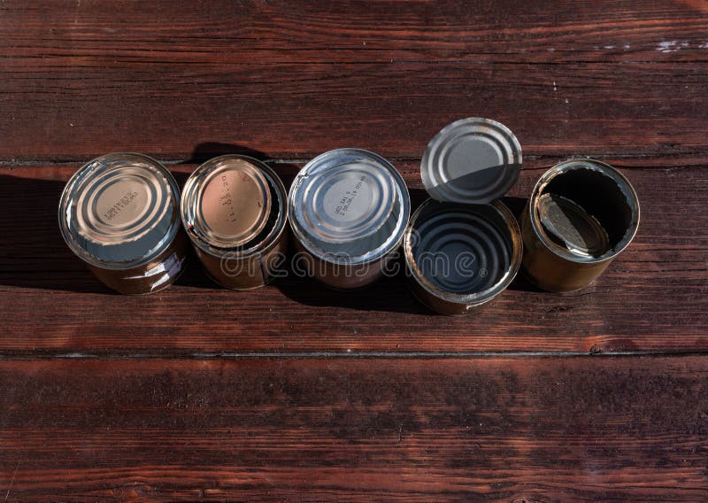 Iron Empty Cans on a Wooden Table Stock Image - Image of canned, object ...