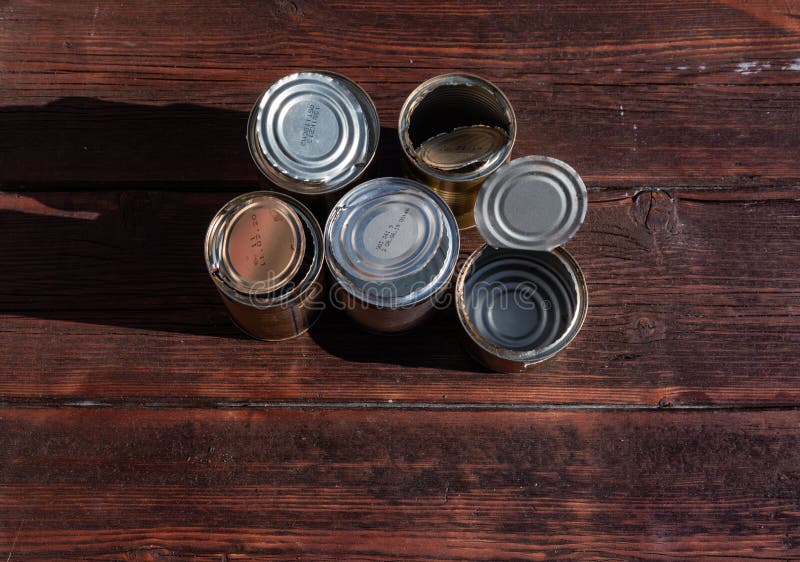 Iron Empty Cans on a Wooden Table Stock Image - Image of canned, object ...