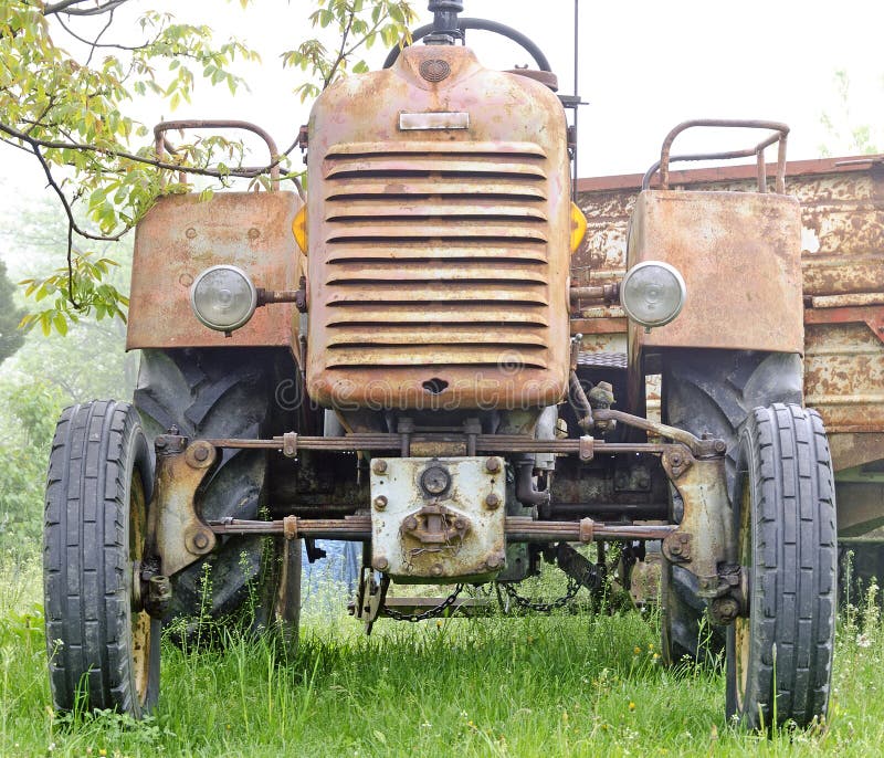 Old Rusty Farm Tractor with Trailer Stock Photo - Image of vintage ...