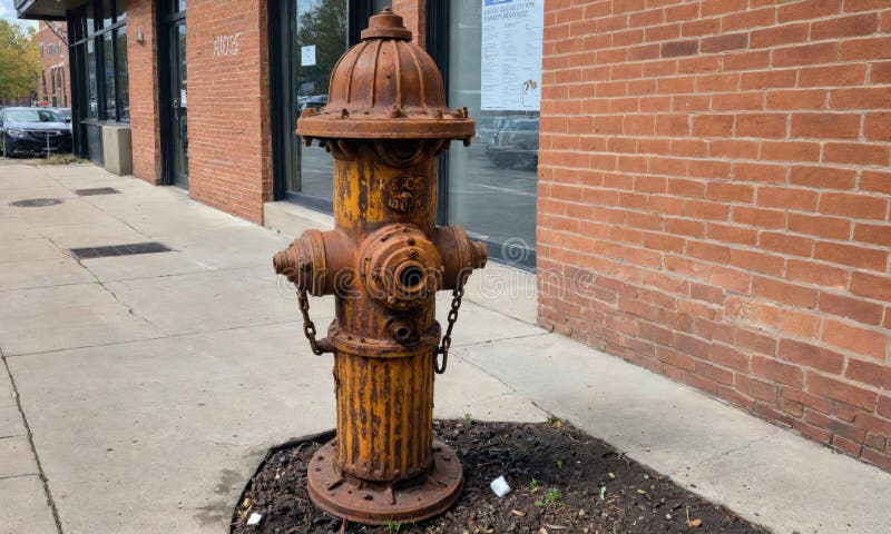 An Old, Rusty Fire Hydrant Stands on a Sidewalk in Front of a Brick ...