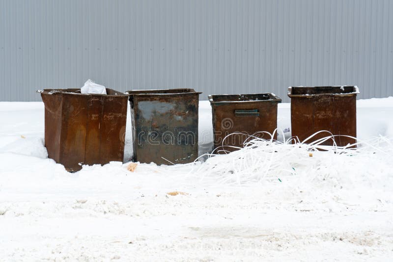 Old Rusty Garbage Containers on the Snow Stock Photo - Image of season ...