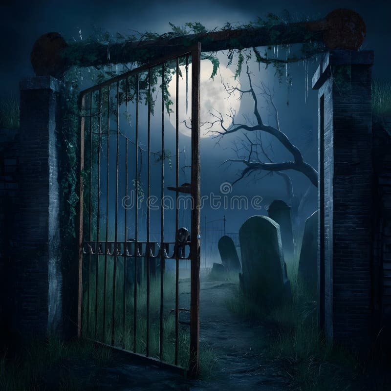Old Rusty Gate Leading To a Haunted Graveyard at Night Stock Photo ...