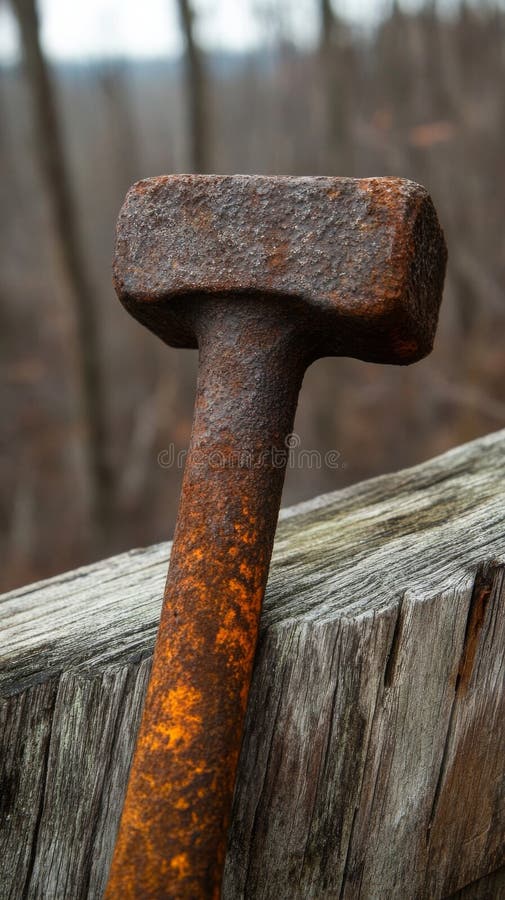 Old Rusty Hammer Head on Wooden Surface in Forest Stock Image - Image ...