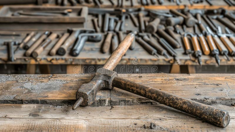 An Old, Rusty Hammer Lies on a Worn Wooden Workbench, with a Collection ...