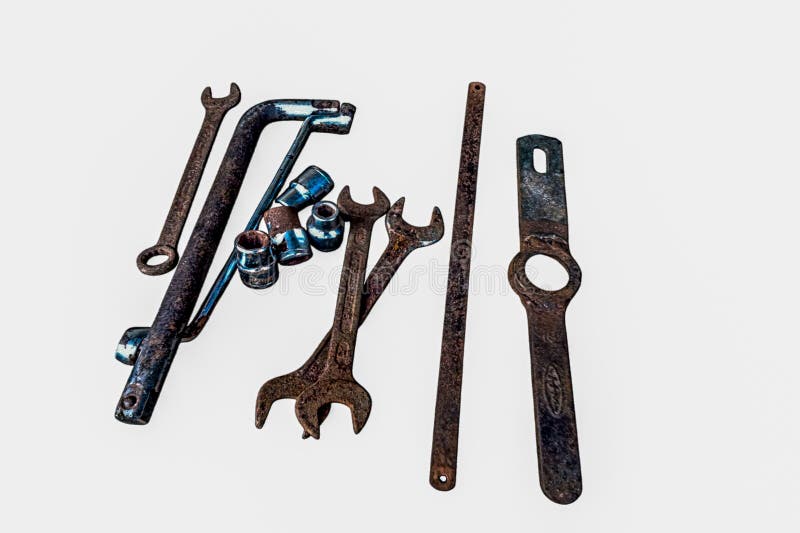 Old Rusty Hand Tools Including Wrench, Spark Plug Socket and Iron Rod ...