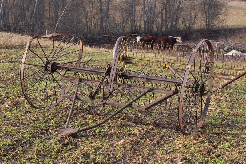 Antique Tedder and Field stock image. Image of grassland - 73883033