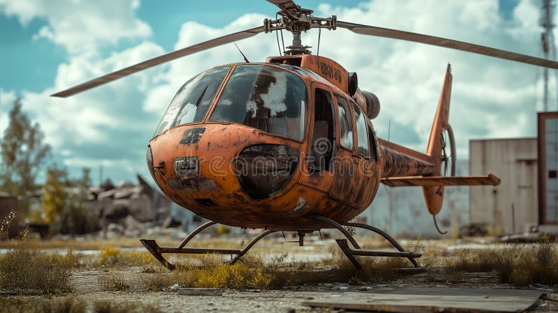 Old Rusty Helicopter Outdoors, Abandoned Orange Helicopter in Field ...