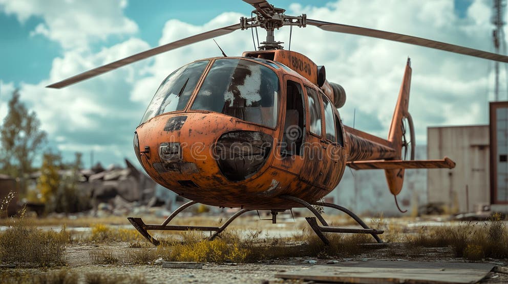 Old Rusty Helicopter Outdoors, Abandoned Orange Helicopter in Field ...