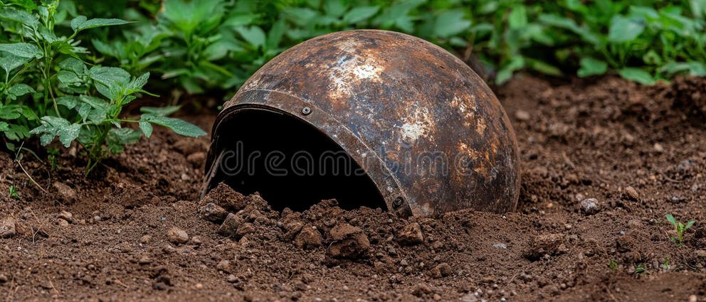 An Old Rusty Helmet Half Buried in the Ground. Stock Illustration ...