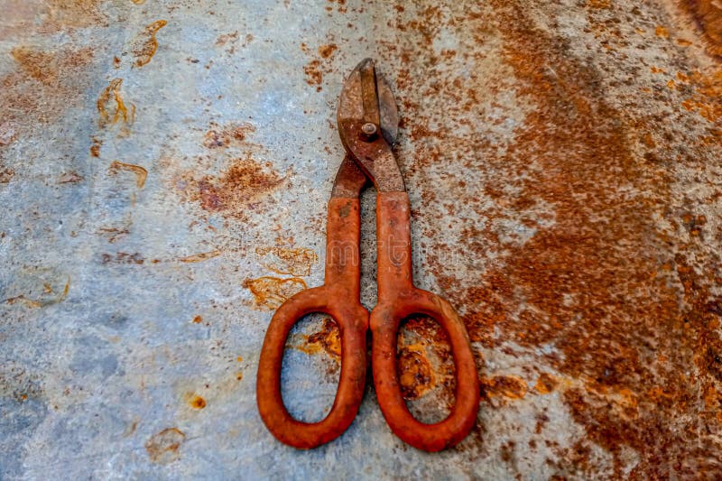 Old Rusty Iron Scissors on a Rusty Metal Surface. Old Tools with a Vintage Look and Industrial ...