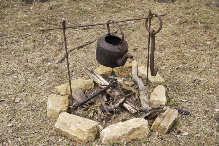 Old Rusty Kettle Over Open Fire Stock Image - Image of open, camp: 20457121