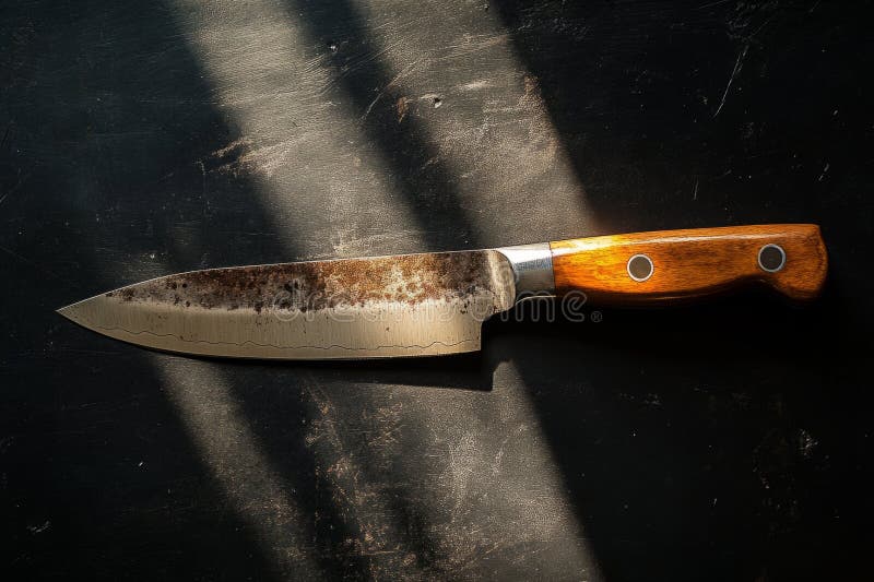 Old Rusty Kitchen Knife with Wooden Handle Resting on a Dark Surface ...