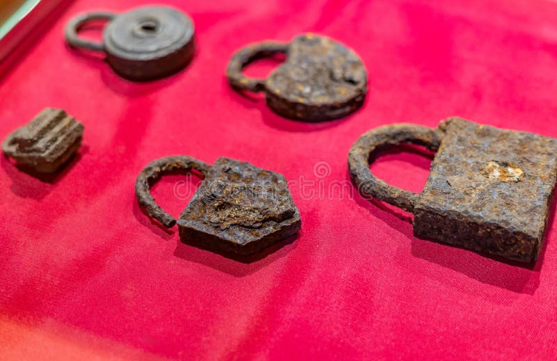 Old Rusty Locks. Ancient Rusty Locks are Lying on the Exhibition Stand ...