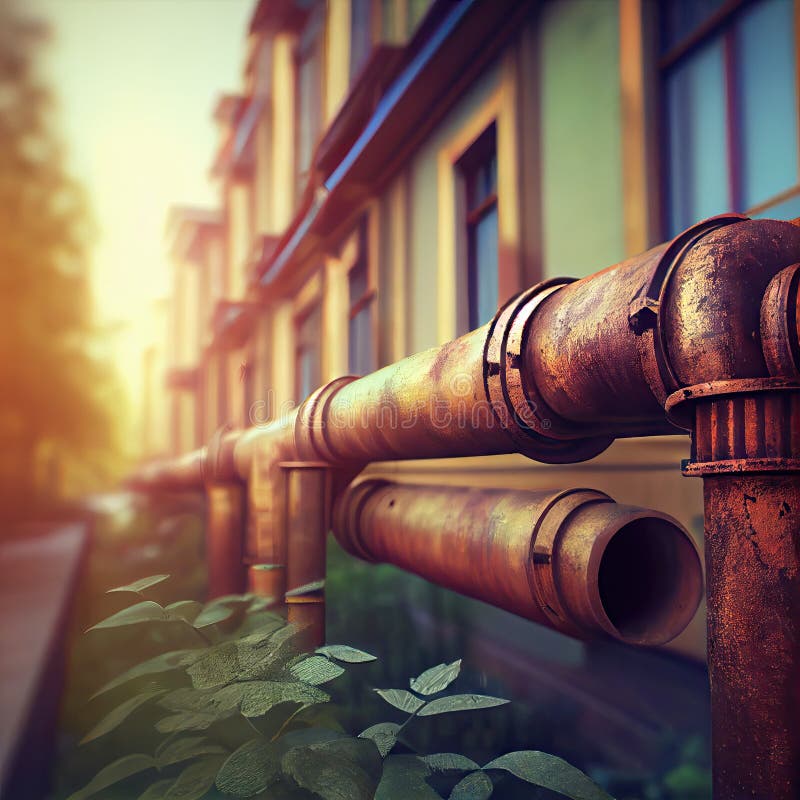 Old Rusty Long Pipes in Suburb of City on Blurred Background ...