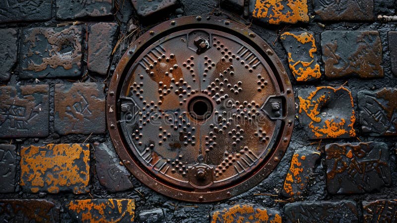 An Old Rusty Manhole Cover on a Textured Street. Stock Image - Image of ...