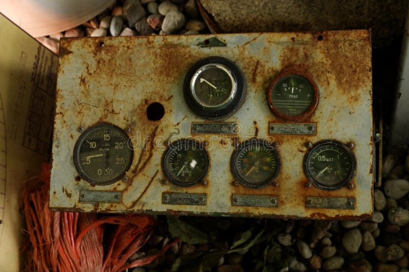 Old Rusty Measurement Panel with Six Instruments. Stock Image - Image ...