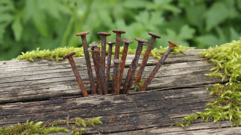 Old rusty nails in wood stock photo. Image of texture - 372767090