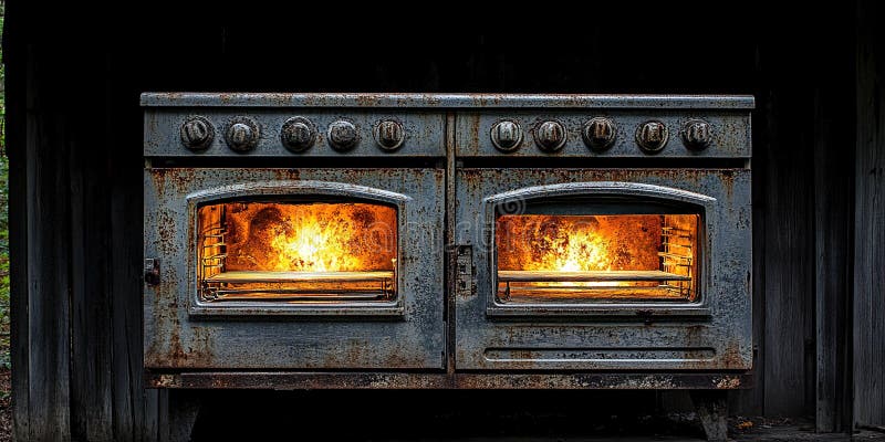 Old Rusty Oven with Flames Visible Inside, Showcasing Cooking in a ...