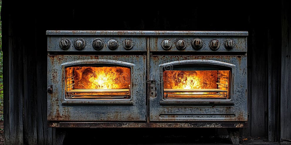 Old Rusty Oven with Flames Visible Inside, Showcasing Cooking in a ...