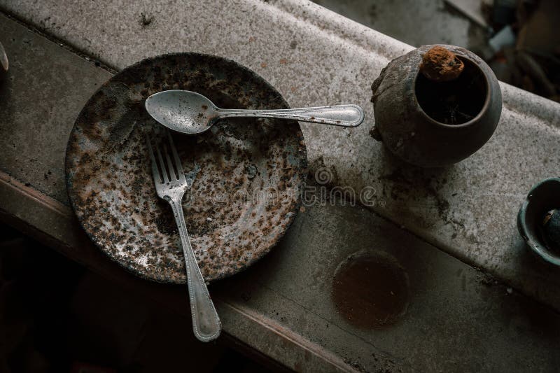 Old Rusty Plates in an Abandoned Hotel. Gloomy View Stock Image - Image ...