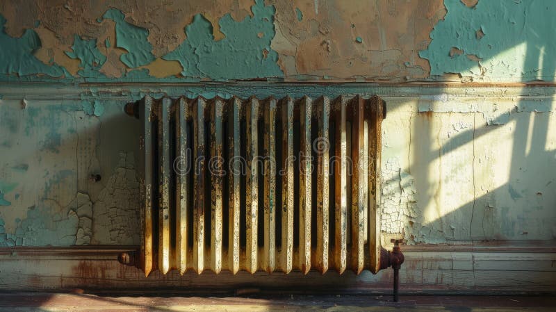 Old Rusty Radiator in Abandoned Room with Peeling Paint and Sunlight ...