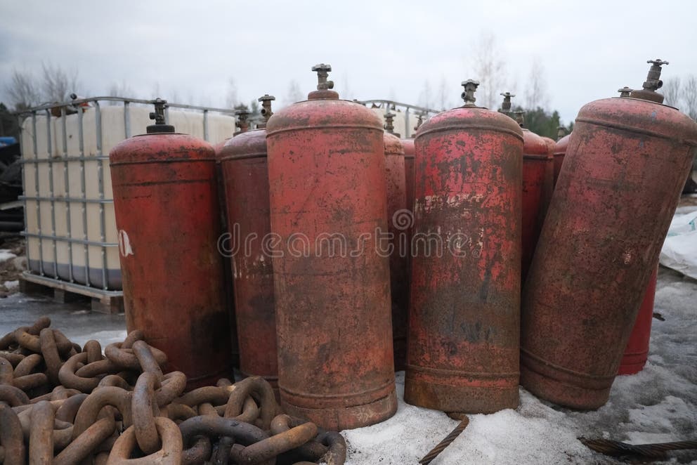 Old Rusty Red Propane Tanks Stock Photo - Image of dangerous, chemical ...
