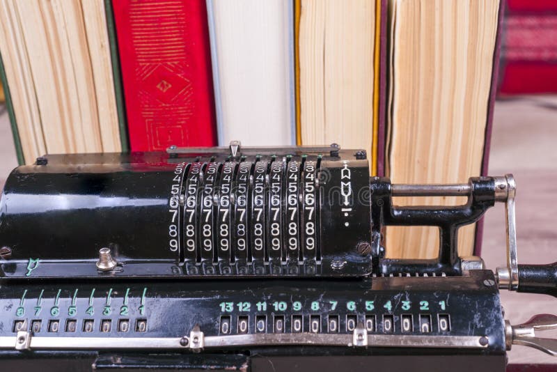 Old Rusty Retro Calculator Black Standing on a Wooden Table Stock Image ...
