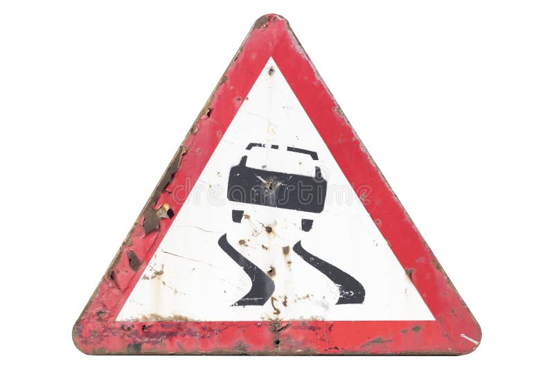 Old Rusty Road Sign `Slippery Road` Isolated on White Stock Vector ...