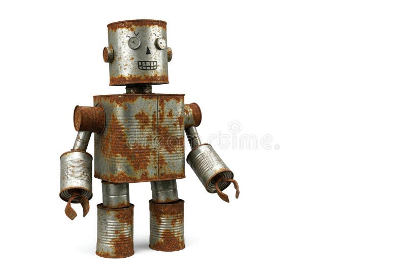 An Old Rusty Robot Made of Tin Cans. Space for Text. Stock Photo ...
