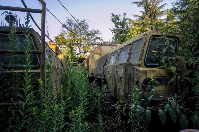 Old Rusty Rocket Tractor in Abandoned Overgrown Military Base Stock ...