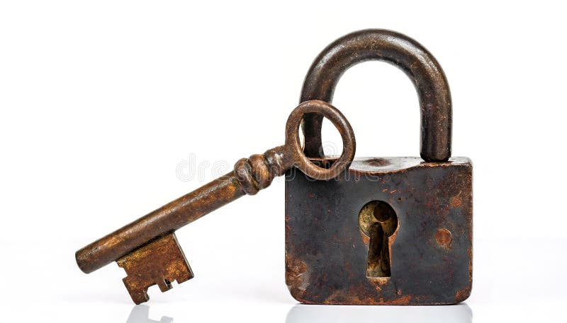 Old Rusty Rusted Iron Padlock Pad Lock and Skeleton Key with a Shackle ...