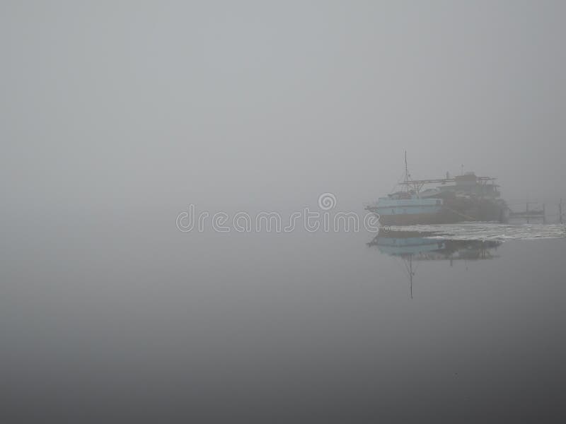 Old Rusty Ship in Fog in Spring Stock Image - Image of morning ...