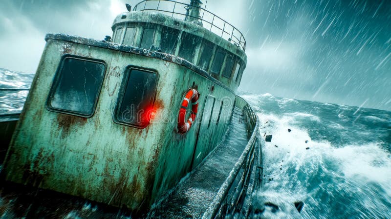 Old Rusty Ship Sinking in a Stormy Ocean during Heavy Rain Stock Photo ...