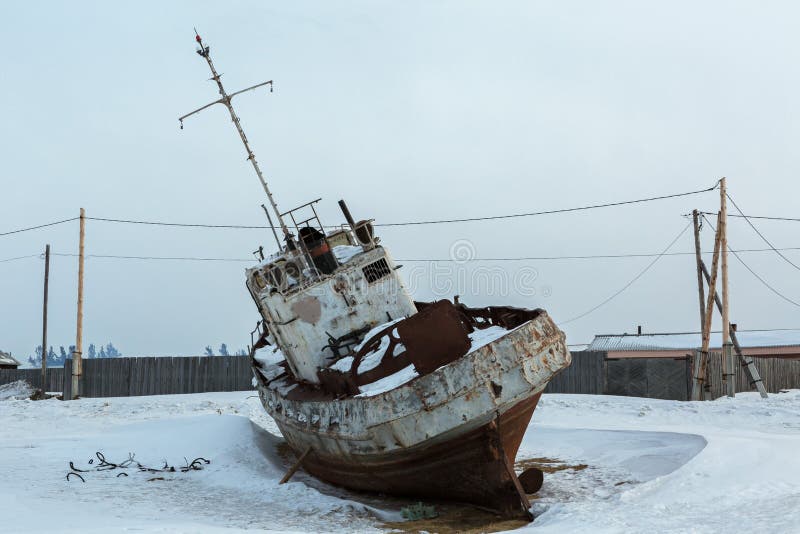 Old Rusty Ship on Winter Shore of Lake Baikal. Stock Image - Image of ...