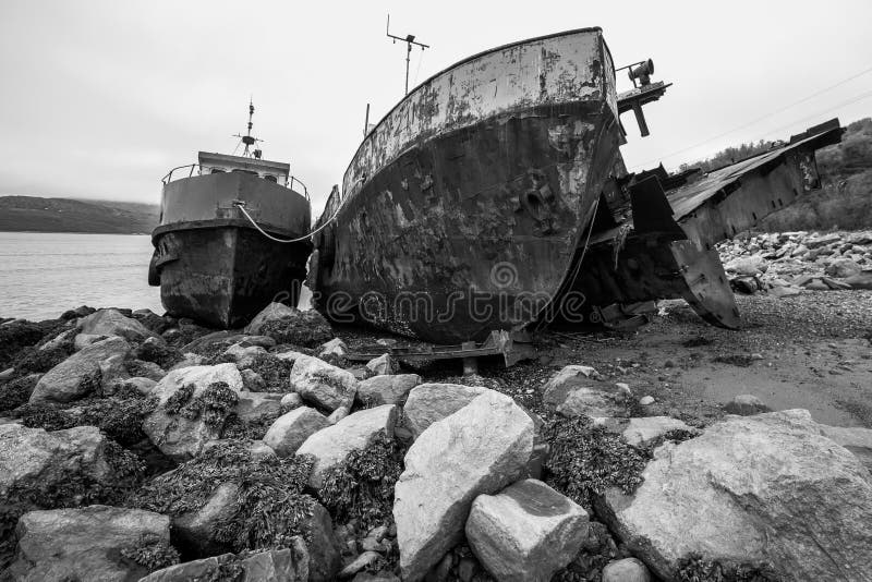 Old Rusty Ships on Barents Sea Shoreline. Stock Photo - Image of ocean ...