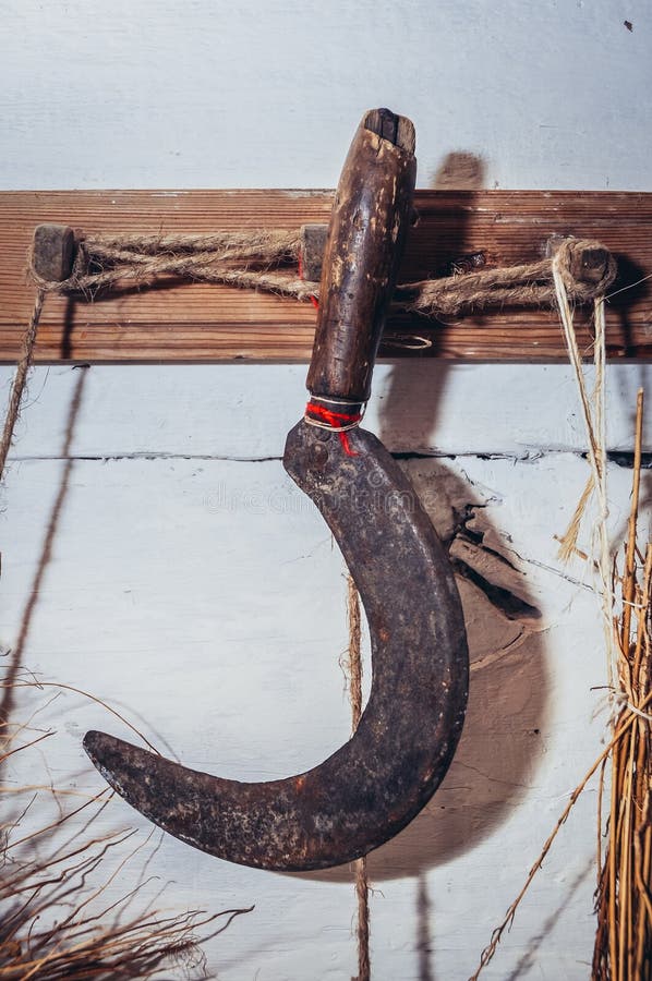 Antique Sickle Hand Tool Rusted on Aged Vintage Wood Stock Photo ...
