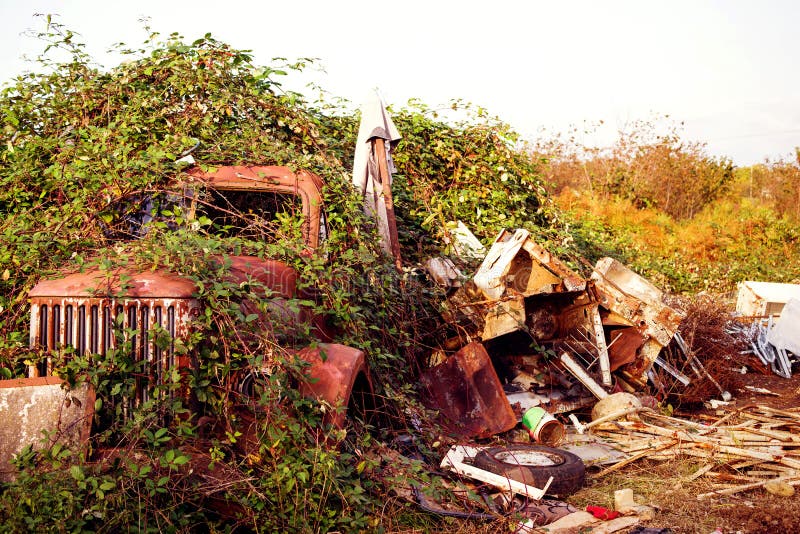 An Old Rusty Soviet Truck Overgrown with Ivy at a Scrap Metal and ...