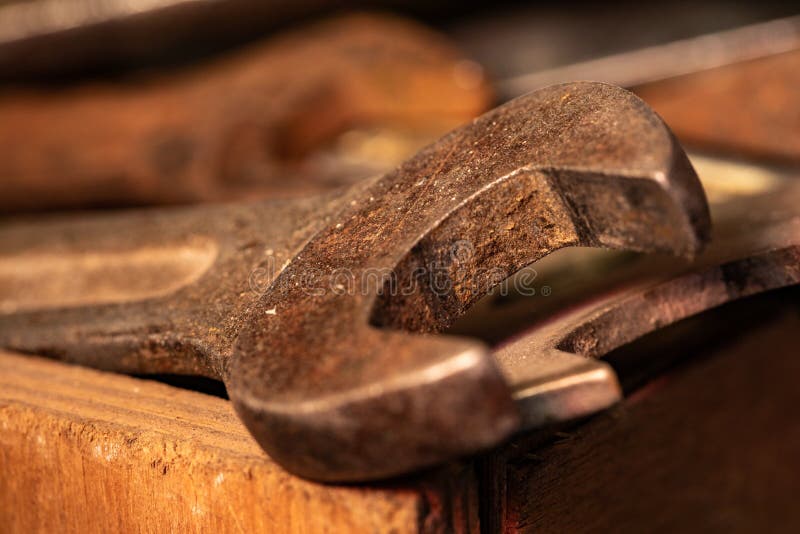 Old Rusty Spanners in a Wooden Box. Old Rusty Tools Closeup Stock Photo ...
