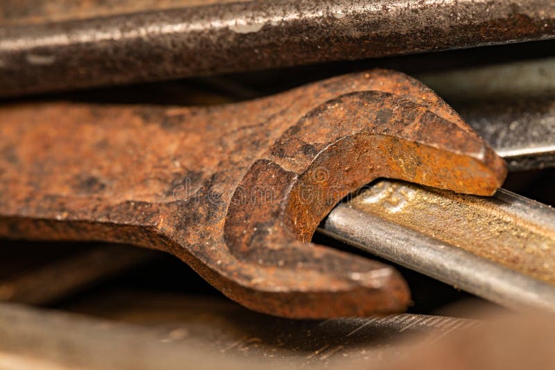 Old Rusty Spanners in a Wooden Box. Old Rusty Tools Closeup Stock Photo ...